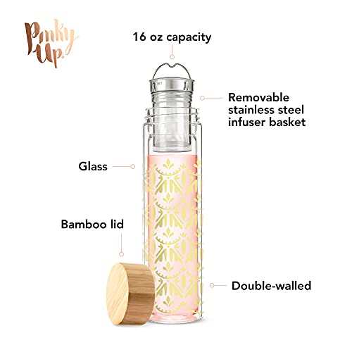 Pinky Up Blair Insulated Travel Infuser Mug - Double-Walled Glass, Stainless Steel, Travel Tea Bottle Flask - Loose Leaf Tea Infuser, 16 Oz, Casablanca Gold