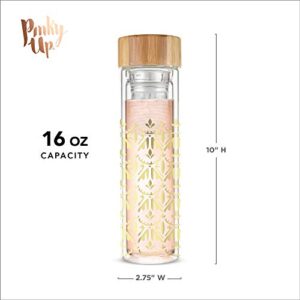 Pinky Up Blair Insulated Travel Infuser Mug - Double-Walled Glass, Stainless Steel, Travel Tea Bottle Flask - Loose Leaf Tea Infuser, 16 Oz, Casablanca Gold