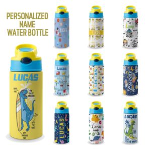 Artsadd Kids Water Bottle with Name-Custom Dinosaur Water Bottle with Straw-Personalized Gift for Kids Boys-Customized Name Insulated Stainless Steel Tumbler for School Gifts-16.9oz