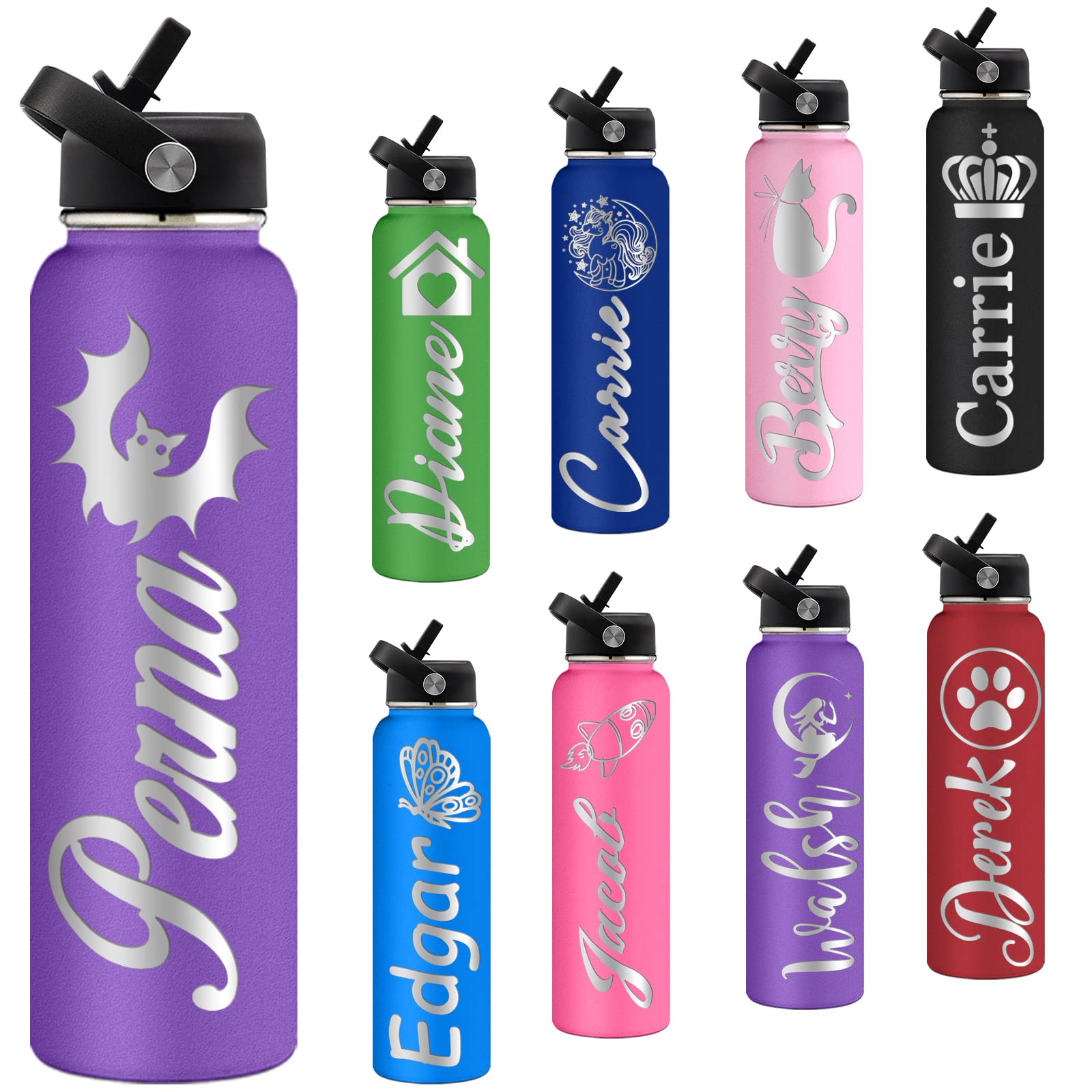 Personalized Water Bottles with Straw 24oz Custom Stainless Steel Sports Water Bottle with Engraved Name Text Customized Insulated Double Wall Water Bottles for School Sports