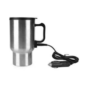 rely2016 12v car heating cup stainless steel travel coffee cup insulated heated thermos mug with plastic inside, 450ml car kettle for heating water, coffee, milk, tea