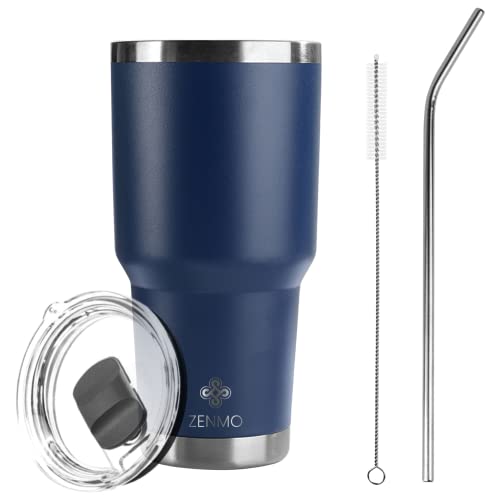 ZENMO Insulated Cup with Straw Lid and Cleaning Brush 30 oz Stainless Steel Double Wall Insulated Travel Mug Reusable Hot and Cold Tumbler Flask for Iced Coffee & Water Meta Thermo Canteen (Dark Blue)