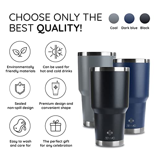 ZENMO Insulated Cup with Straw Lid and Cleaning Brush 30 oz Stainless Steel Double Wall Insulated Travel Mug Reusable Hot and Cold Tumbler Flask for Iced Coffee & Water Meta Thermo Canteen (Dark Blue)