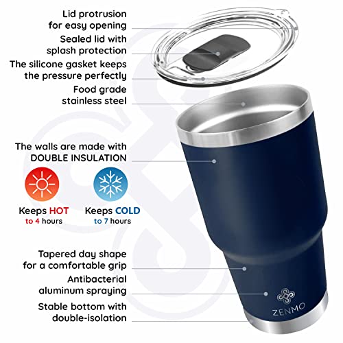 ZENMO Insulated Cup with Straw Lid and Cleaning Brush 30 oz Stainless Steel Double Wall Insulated Travel Mug Reusable Hot and Cold Tumbler Flask for Iced Coffee & Water Meta Thermo Canteen (Dark Blue)