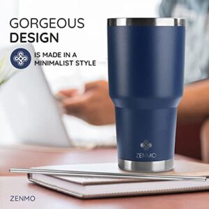 ZENMO Insulated Cup with Straw Lid and Cleaning Brush 30 oz Stainless Steel Double Wall Insulated Travel Mug Reusable Hot and Cold Tumbler Flask for Iced Coffee & Water Meta Thermo Canteen (Dark Blue)