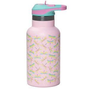 rtic cub kids insulated water bottle, double wall vacuum stainless steel drink bottles, for hot cold drinks with flip lid and straw for school or travel, dishwasher safe, 12 oz, pink dragonflies