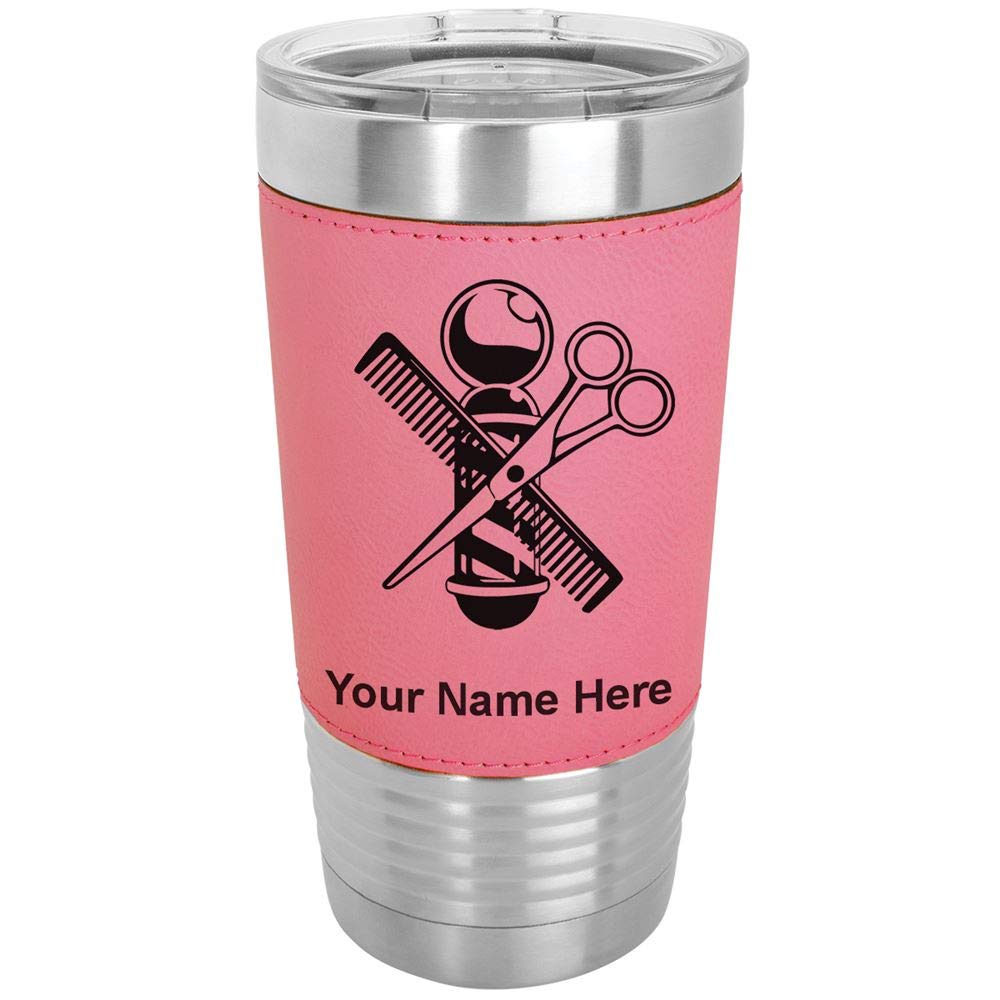 LaserGram 20oz Vacuum Insulated Tumbler Mug, Barber Shop Pole, Personalized Engraving Included (Faux Leather, Pink)