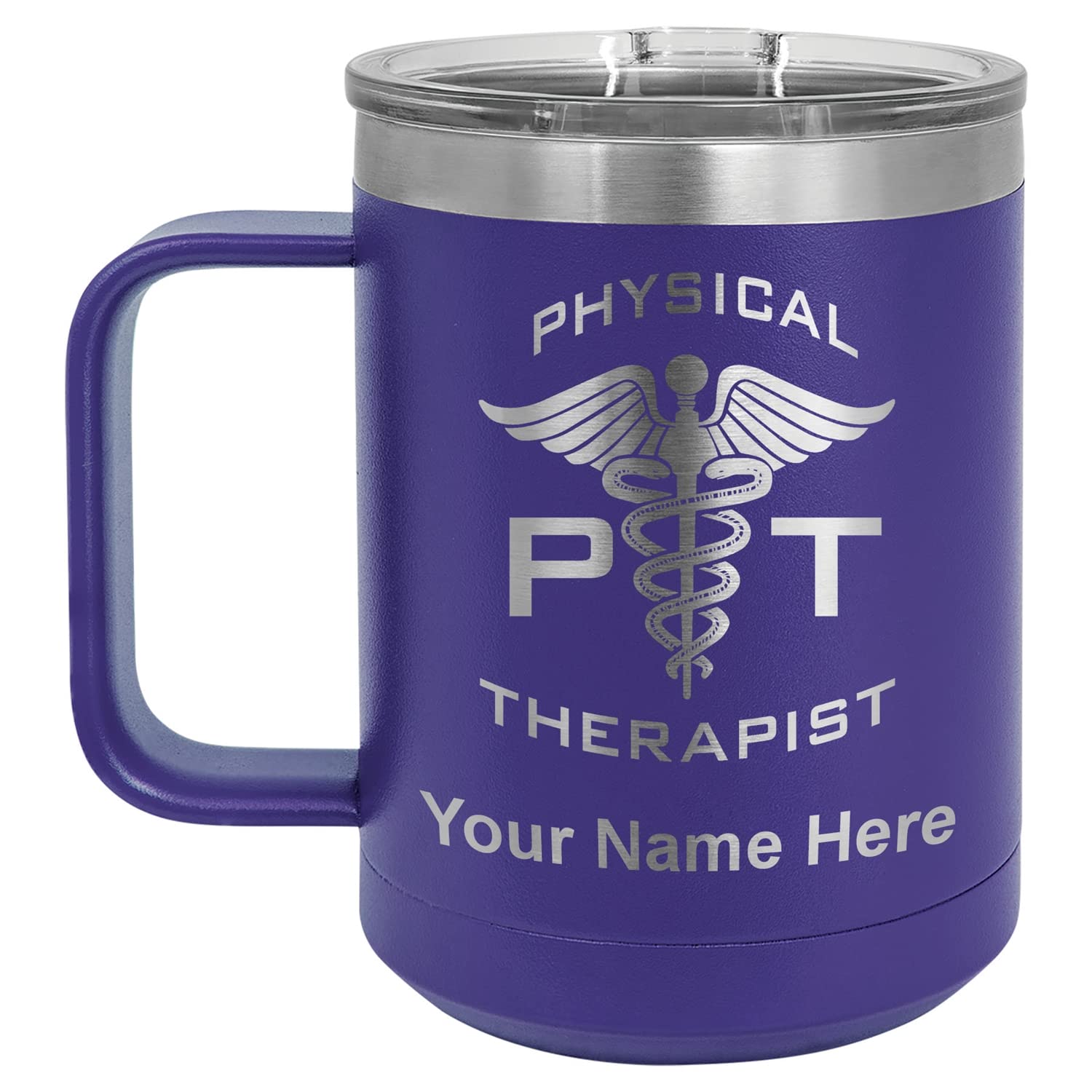 LaserGram 15oz Vacuum Insulated Coffee Mug, PT Physical Therapist, Personalized Engraving Included (Dark Purple)