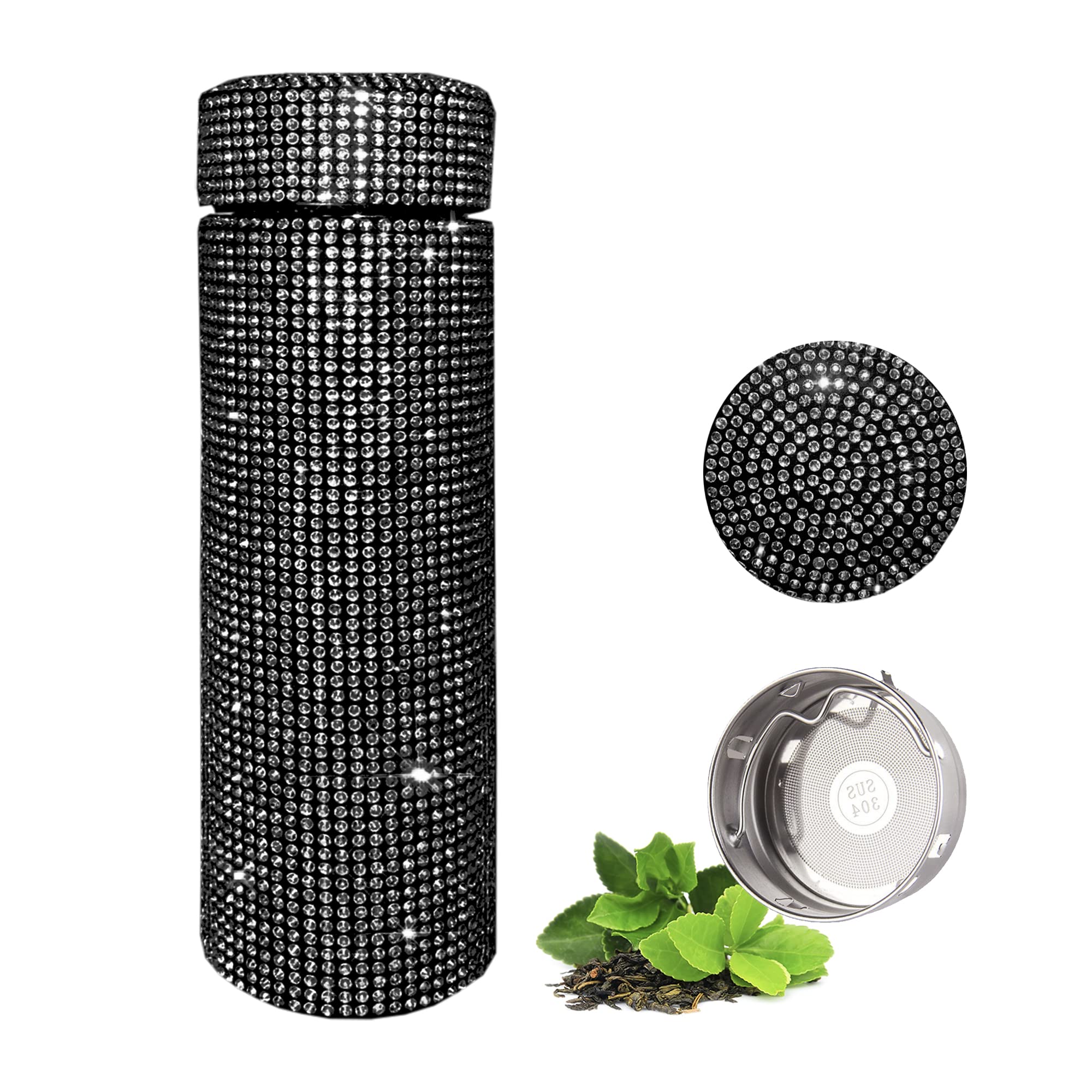 Bling Crytal 17oz Insulated Water Bottle with Strainer,Stainless Steel Thermal Bottle,Leak-Proof Double Walled Vacuum Insulated ,Diamond vacuum flask for woman to Travel, Picnic& Camping (black)