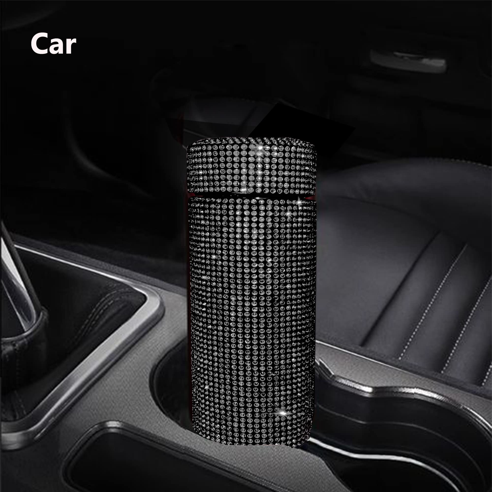 Bling Crytal 17oz Insulated Water Bottle with Strainer,Stainless Steel Thermal Bottle,Leak-Proof Double Walled Vacuum Insulated ,Diamond vacuum flask for woman to Travel, Picnic& Camping (black)