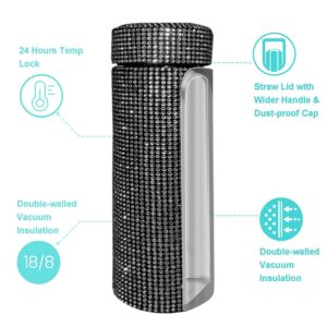 Bling Crytal 17oz Insulated Water Bottle with Strainer,Stainless Steel Thermal Bottle,Leak-Proof Double Walled Vacuum Insulated ,Diamond vacuum flask for woman to Travel, Picnic& Camping (black)