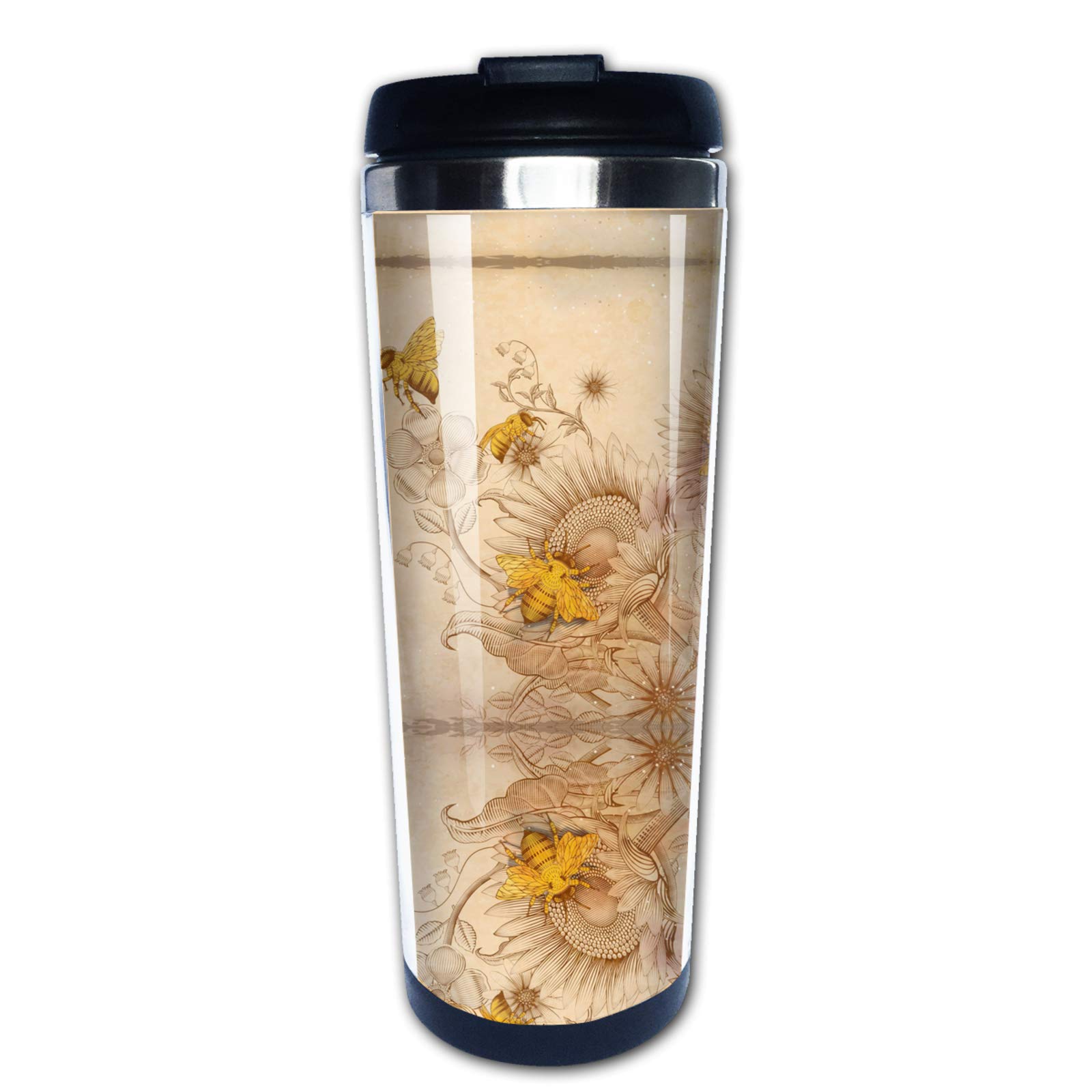 NVJUI JUFOPL Rural Honey Bees Wildflowers Travel Tumbler Coffee Mug for Men's & Women's 14 oz, With Flip Lid, Stainless Steel, Vacuum Insulated, Water Bottle Cup