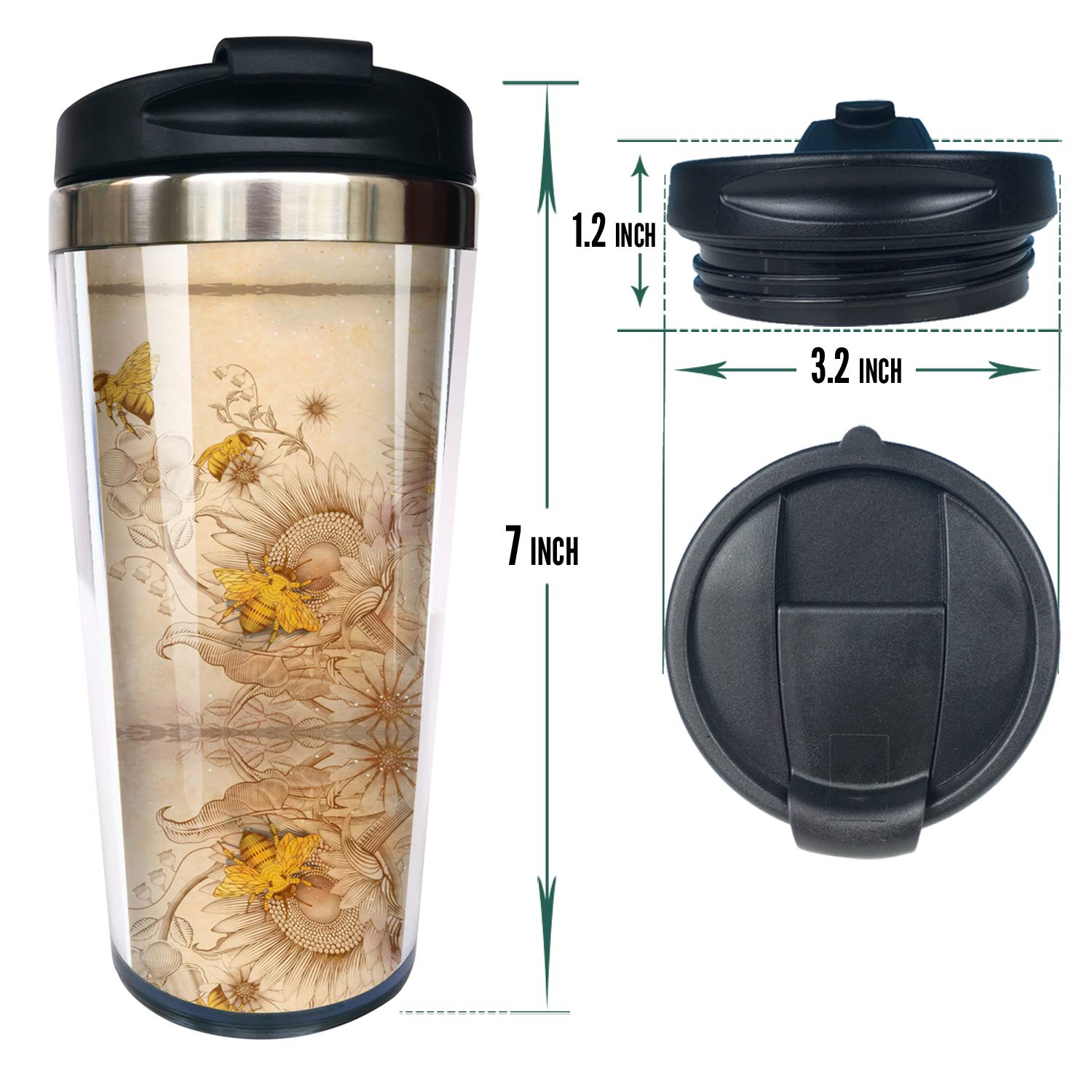 NVJUI JUFOPL Rural Honey Bees Wildflowers Travel Tumbler Coffee Mug for Men's & Women's 14 oz, With Flip Lid, Stainless Steel, Vacuum Insulated, Water Bottle Cup