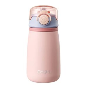 tkk kids insulated water bottle 16 oz double wall vacuum stainless steel thermos with leak proof straw lid & strap handle & sticker (pink)