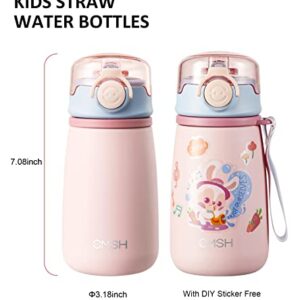 TKK Kids Insulated Water Bottle 16 oz Double Wall Vacuum Stainless Steel Thermos with Leak Proof Straw Lid & Strap Handle & Sticker (Pink)