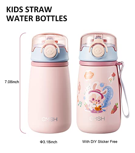 TKK Kids Insulated Water Bottle 16 oz Double Wall Vacuum Stainless Steel Thermos with Leak Proof Straw Lid & Strap Handle & Sticker (Pink)