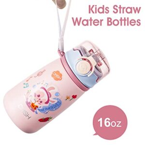 TKK Kids Insulated Water Bottle 16 oz Double Wall Vacuum Stainless Steel Thermos with Leak Proof Straw Lid & Strap Handle & Sticker (Pink)