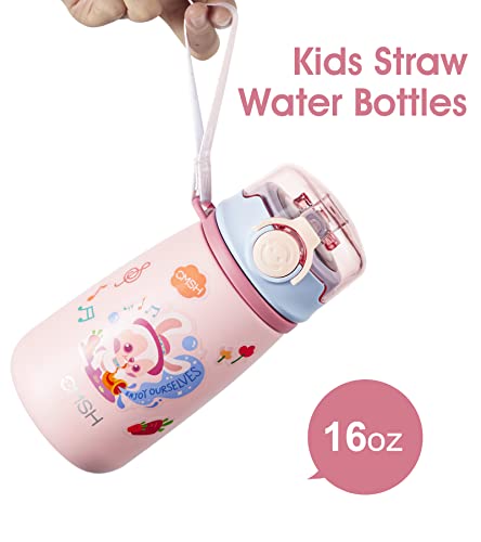 TKK Kids Insulated Water Bottle 16 oz Double Wall Vacuum Stainless Steel Thermos with Leak Proof Straw Lid & Strap Handle & Sticker (Pink)