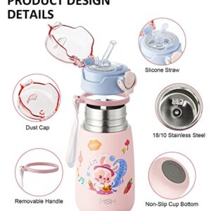 TKK Kids Insulated Water Bottle 16 oz Double Wall Vacuum Stainless Steel Thermos with Leak Proof Straw Lid & Strap Handle & Sticker (Pink)