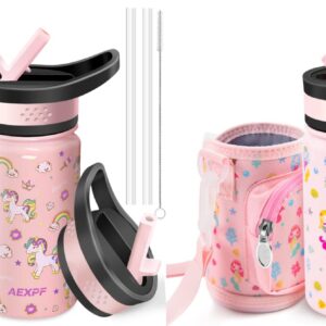 AEXPF Insulated Kids Water Bottle with Sleeve, 14 oz Double Wall Vacuum Stainless Steel Leakproof Thermos Water Bottle, Unicorn Pattern and Mermaid Pattern