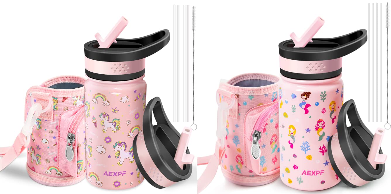 AEXPF Insulated Kids Water Bottle with Sleeve, 14 oz Double Wall Vacuum Stainless Steel Leakproof Thermos Water Bottle, Unicorn Pattern and Mermaid Pattern