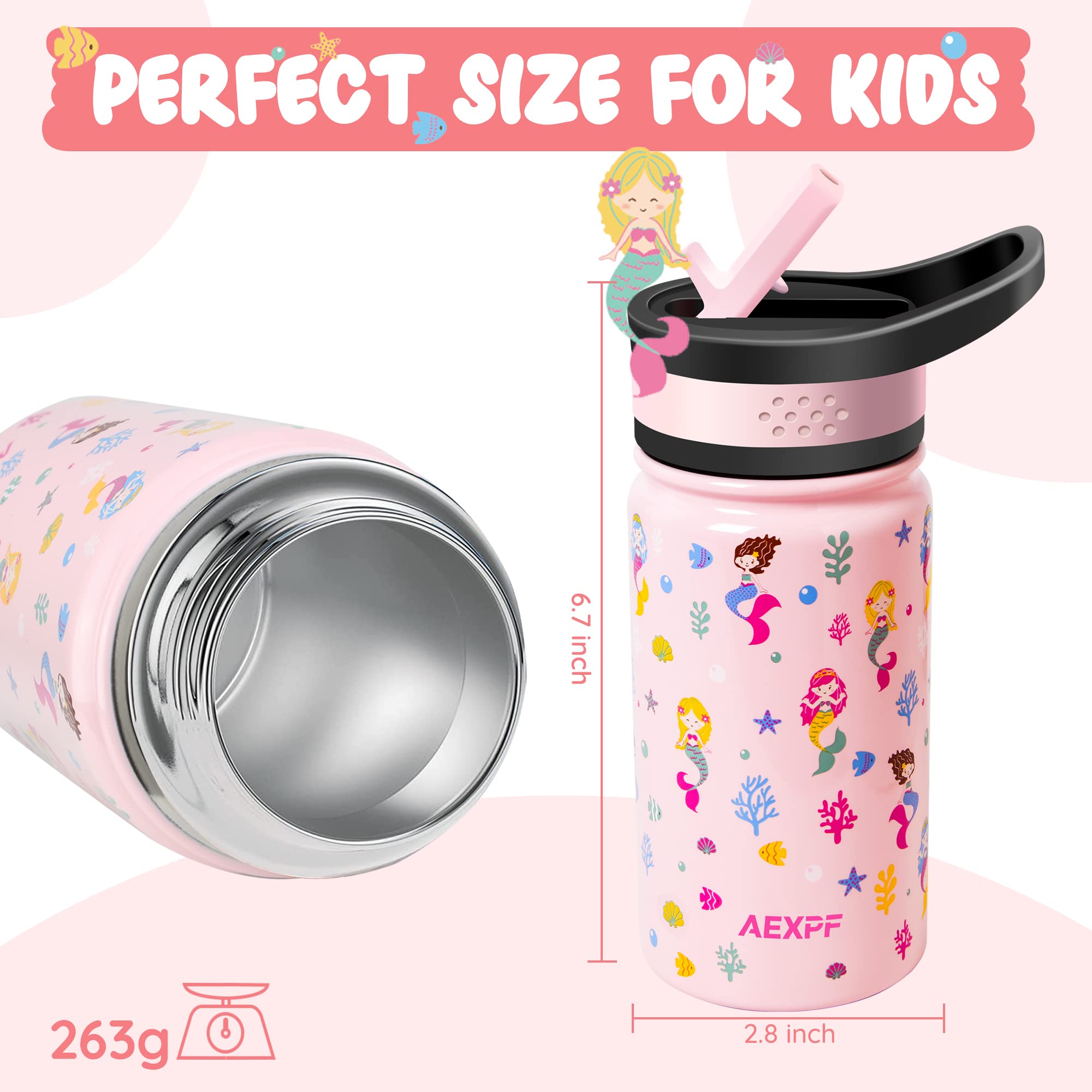 AEXPF Insulated Kids Water Bottle with Sleeve, 14 oz Double Wall Vacuum Stainless Steel Leakproof Thermos Water Bottle, Unicorn Pattern and Mermaid Pattern