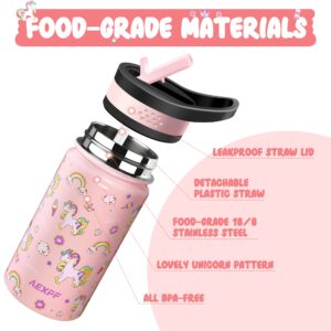 AEXPF Insulated Kids Water Bottle with Sleeve, 14 oz Double Wall Vacuum Stainless Steel Leakproof Thermos Water Bottle, Unicorn Pattern and Mermaid Pattern