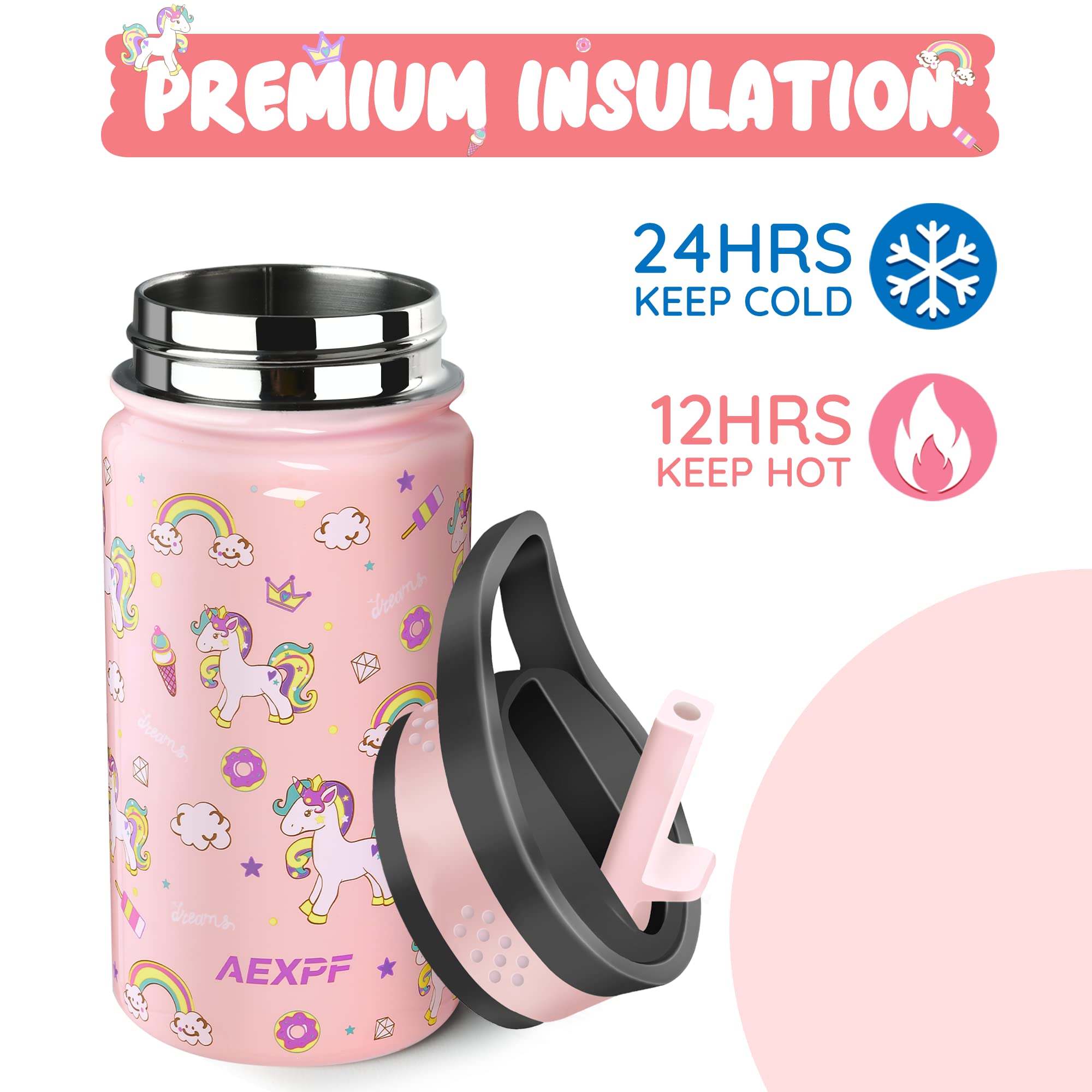 AEXPF Insulated Kids Water Bottle with Sleeve, 14 oz Double Wall Vacuum Stainless Steel Leakproof Thermos Water Bottle, Unicorn Pattern and Mermaid Pattern