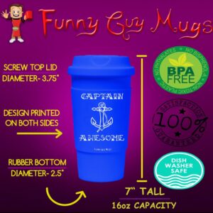 Funny Guy Mugs Captain Awesome Travel Tumbler With Removable Insulated Silicone Sleeve, Blue, 16-Ounce