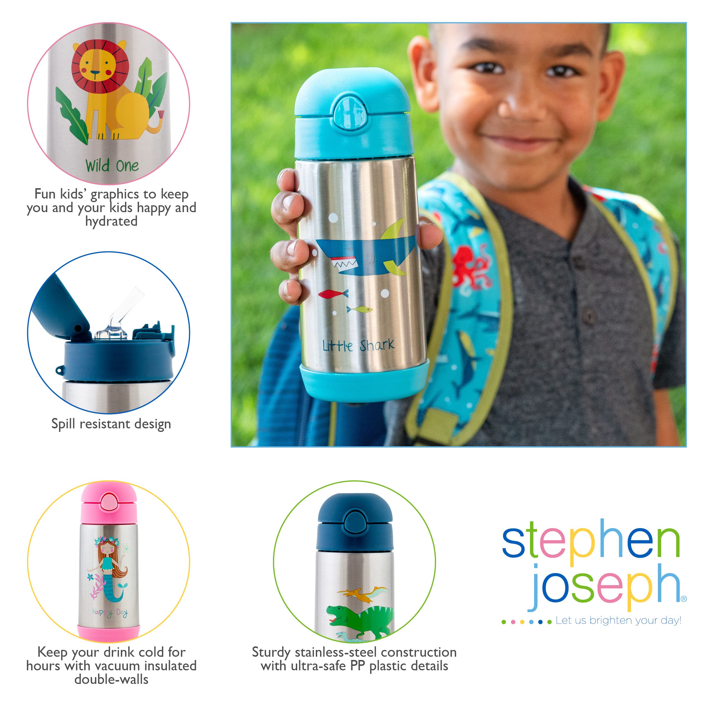 Stephen Joseph Double Wall Stainless Steel Bottles, Insulated Water Bottle for Kids Toddlers, Vacuum Insulated Bottle with Straw, BPA-Free Water Bottle – 11.8 Ounces, MERMAID