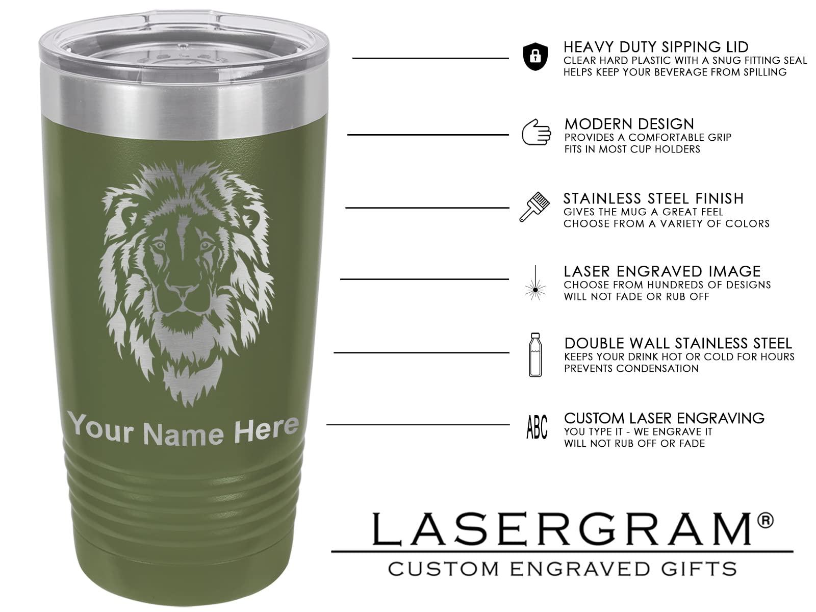 LaserGram 20oz Vacuum Insulated Tumbler Mug, Tyrannosaurus Rex Dinosaur, Personalized Engraving Included (Camo Green)