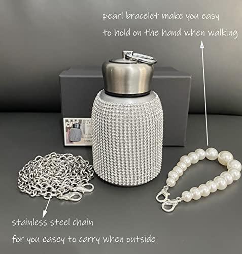 Bling Stainless Steel Diamond Water Bottle Crystal Rhinestone Cute Vaccume Insulated Thermal Flask with Chain and Pearl Bracelet (300ml/10.2oz)