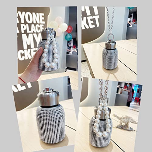 Bling Stainless Steel Diamond Water Bottle Crystal Rhinestone Cute Vaccume Insulated Thermal Flask with Chain and Pearl Bracelet (300ml/10.2oz)