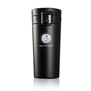 stainless steel water bottle vacuum insulated travel coffee cup with flip lid wide mouth double walled leak proof flask keeps hot & cold 12 hours bpa free 13oz(black)