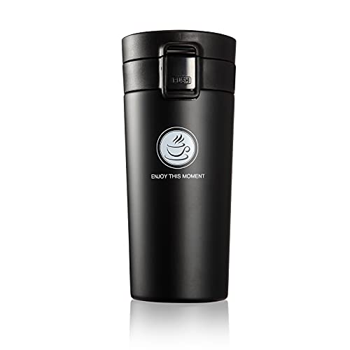 Stainless Steel Water Bottle Vacuum Insulated travel Coffee Cup with Flip Lid wide mouth Double Walled leak proof flask keeps Hot & Cold 12 Hours BPA Free 13oz(Black)