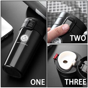 Stainless Steel Water Bottle Vacuum Insulated travel Coffee Cup with Flip Lid wide mouth Double Walled leak proof flask keeps Hot & Cold 12 Hours BPA Free 13oz(Black)