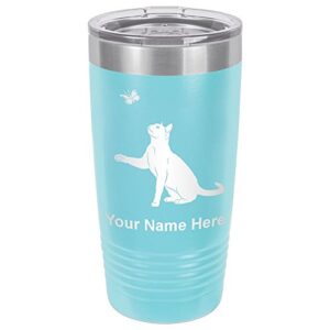 lasergram 20oz vacuum insulated tumbler mug, cat with butterfly, personalized engraving included (light blue)