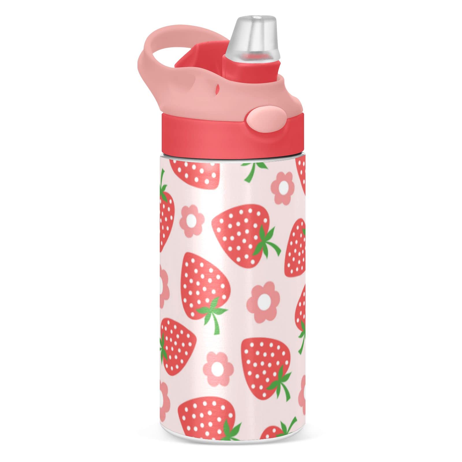 Children Insulated Water Bottles with Straw for School Kids Strawberry Cute Pink Stainless Steel Vacuum Double Wall Keeps Hot and Cold with Handles