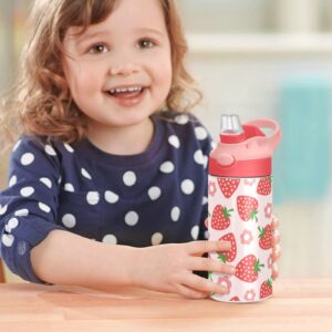 Children Insulated Water Bottles with Straw for School Kids Strawberry Cute Pink Stainless Steel Vacuum Double Wall Keeps Hot and Cold with Handles