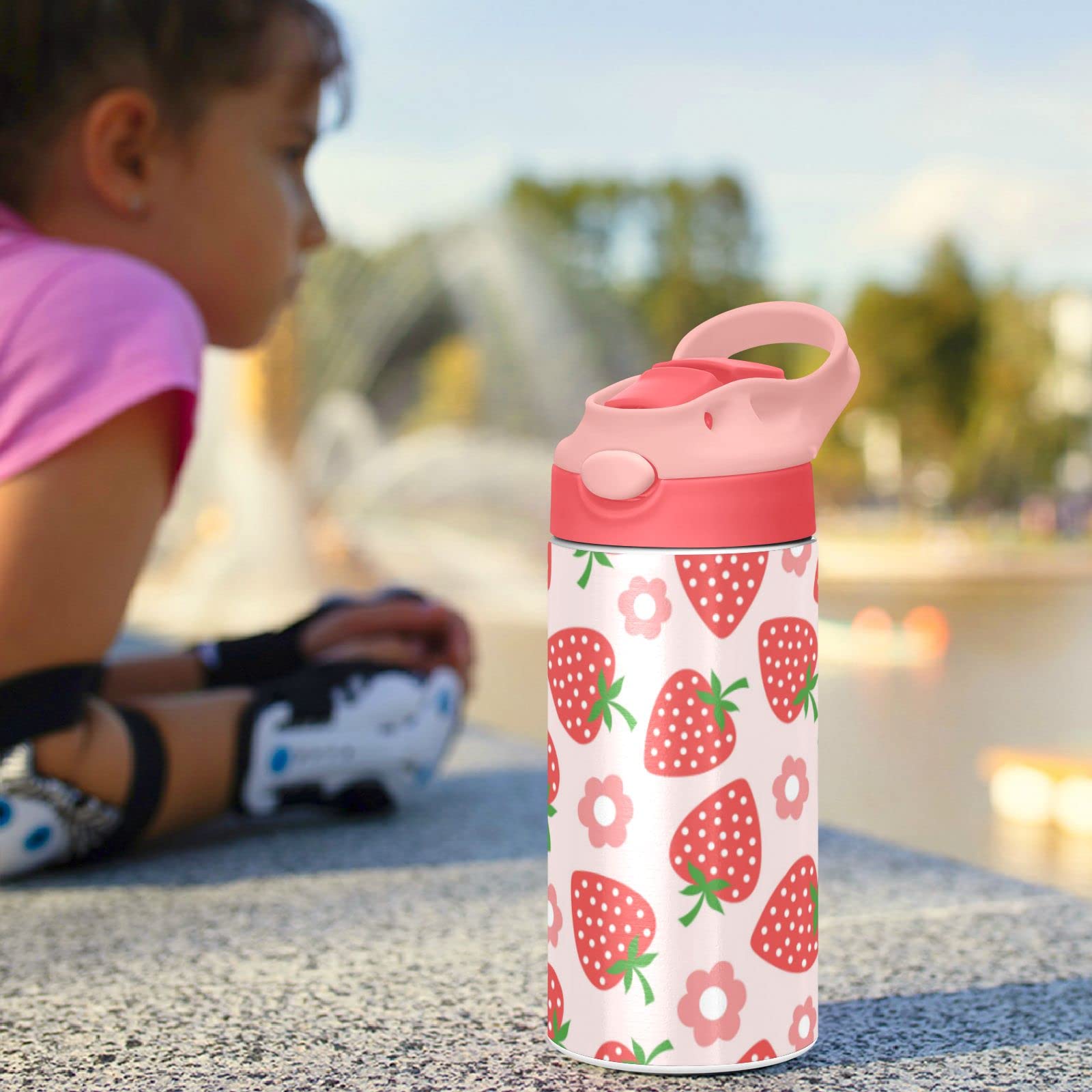 Children Insulated Water Bottles with Straw for School Kids Strawberry Cute Pink Stainless Steel Vacuum Double Wall Keeps Hot and Cold with Handles