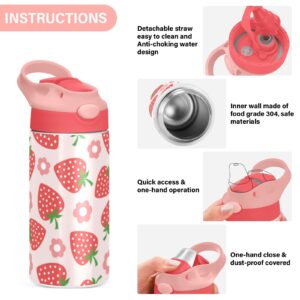 Children Insulated Water Bottles with Straw for School Kids Strawberry Cute Pink Stainless Steel Vacuum Double Wall Keeps Hot and Cold with Handles