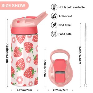 Children Insulated Water Bottles with Straw for School Kids Strawberry Cute Pink Stainless Steel Vacuum Double Wall Keeps Hot and Cold with Handles