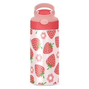 Children Insulated Water Bottles with Straw for School Kids Strawberry Cute Pink Stainless Steel Vacuum Double Wall Keeps Hot and Cold with Handles