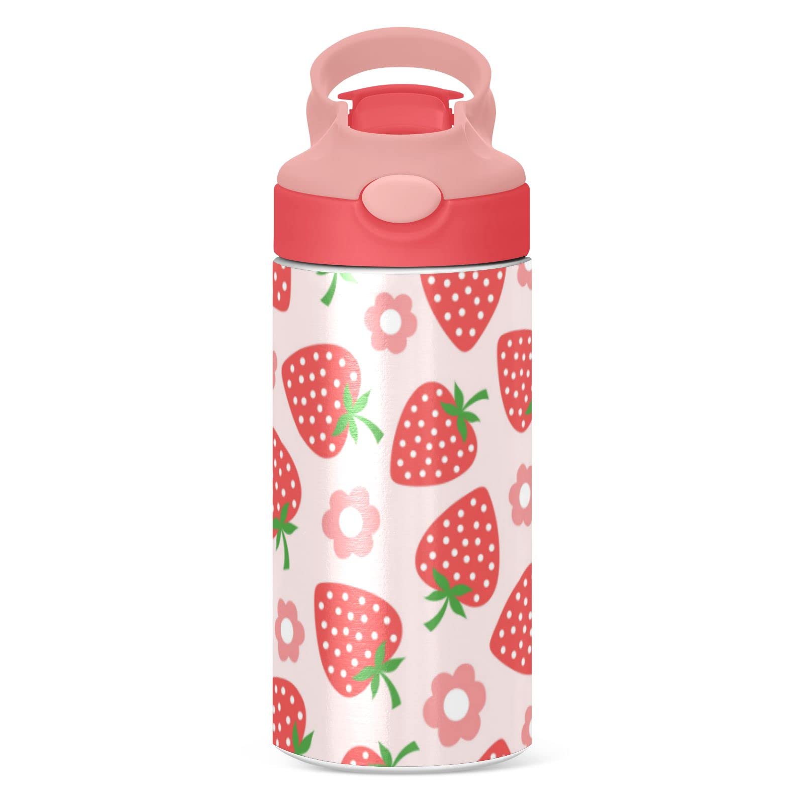 Children Insulated Water Bottles with Straw for School Kids Strawberry Cute Pink Stainless Steel Vacuum Double Wall Keeps Hot and Cold with Handles