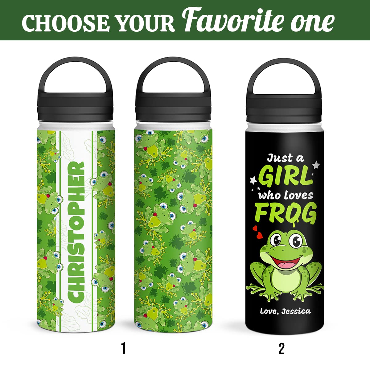 winorax Personalized Frog Pattern Design Water Bottle for Girls Kids Sports Bottles 12oz 18oz 32oz Insulated Stainless Steel Travel Cup Birthday Christmas Back To School Gift for Animal Lovers