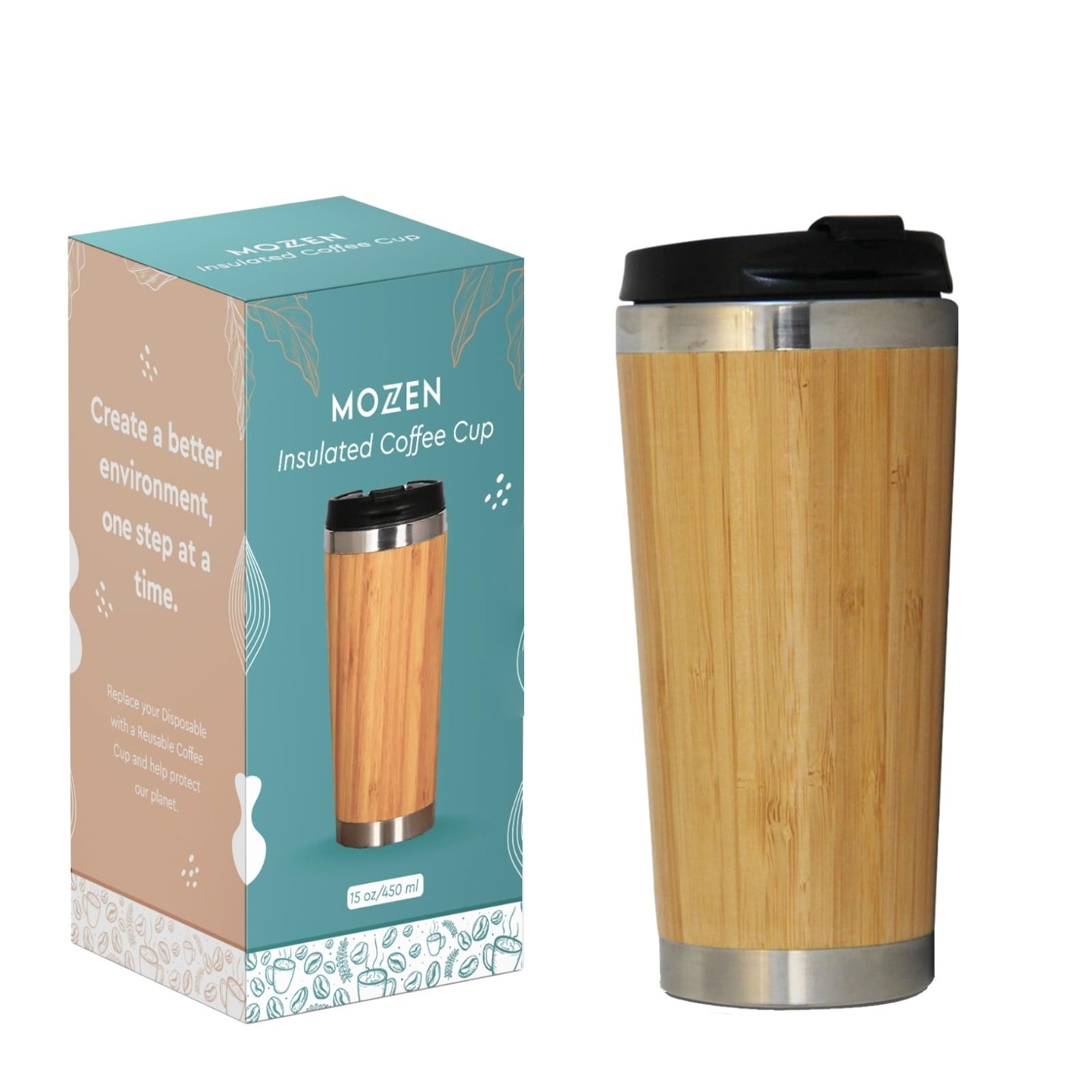 MOZEN 15oz Drinking Cup For Women and Men, Spill Proof, Reusable Drinking Cup with Lid, Stainless Steel Cup Made with Real Bamboo, Durable Travel Cup, Easy to Drink from