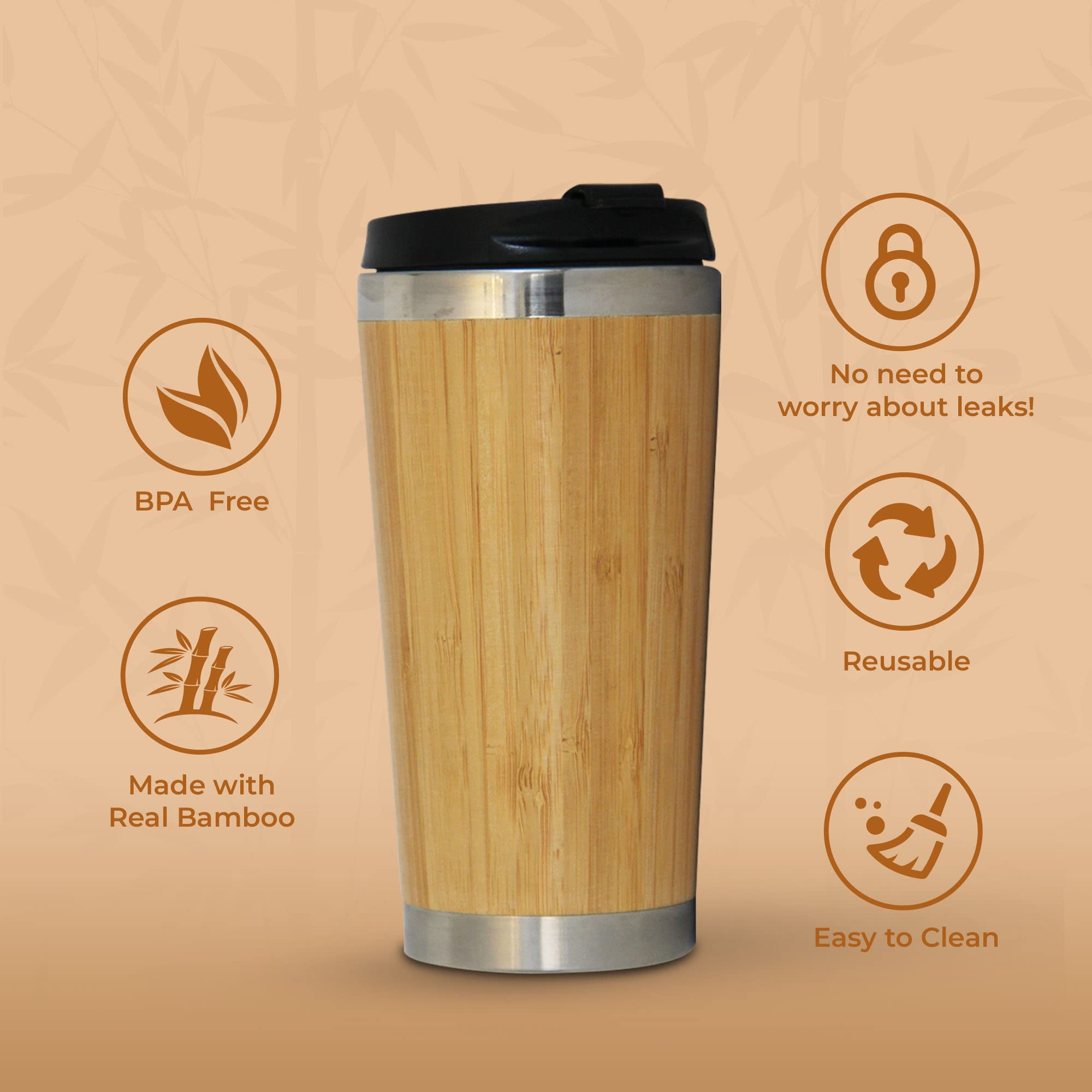 MOZEN 15oz Drinking Cup For Women and Men, Spill Proof, Reusable Drinking Cup with Lid, Stainless Steel Cup Made with Real Bamboo, Durable Travel Cup, Easy to Drink from