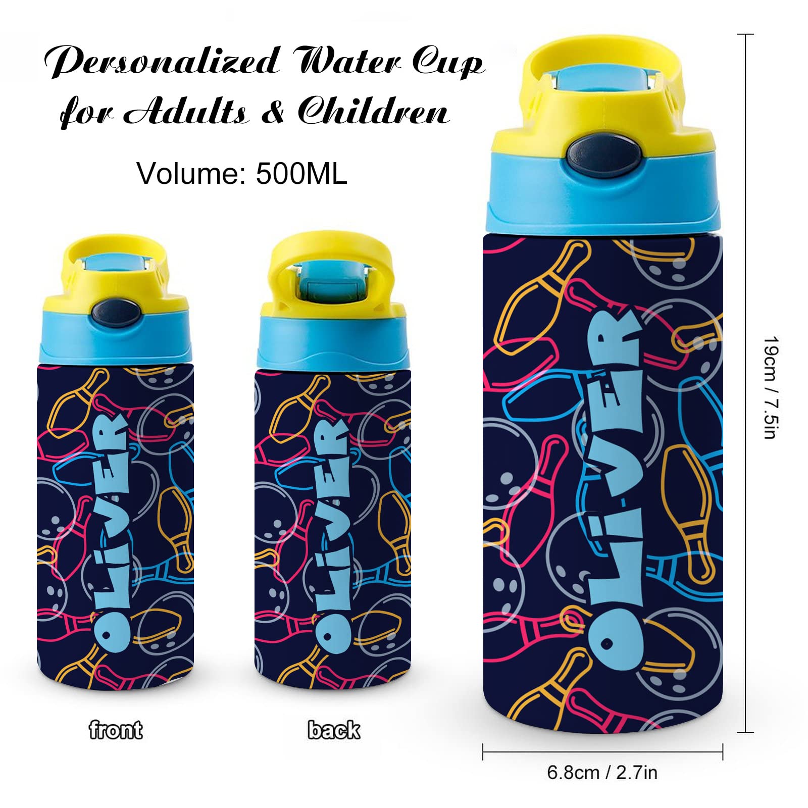 Personalized 16.9oz Printed Water Bottle for Women Men with Straw | Custom Insulated Sports Water Bottle with Name | Customized Christmas Birthday Gift Cup for Adults Son Daughter School Office Travel