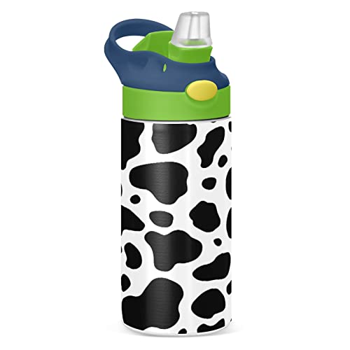 Kigai Cow Print Kids Water Bottle, BPA-Free Vacuum Insulated Stainless Steel Water Bottle with Straw Lid Double Walled Leakproof Flask for Girls Boys Toddlers, 12Oz