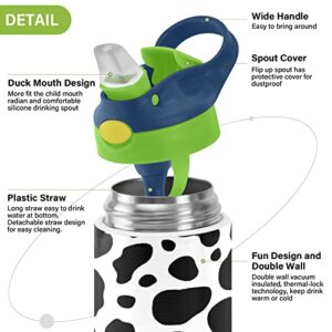 Kigai Cow Print Kids Water Bottle, BPA-Free Vacuum Insulated Stainless Steel Water Bottle with Straw Lid Double Walled Leakproof Flask for Girls Boys Toddlers, 12Oz